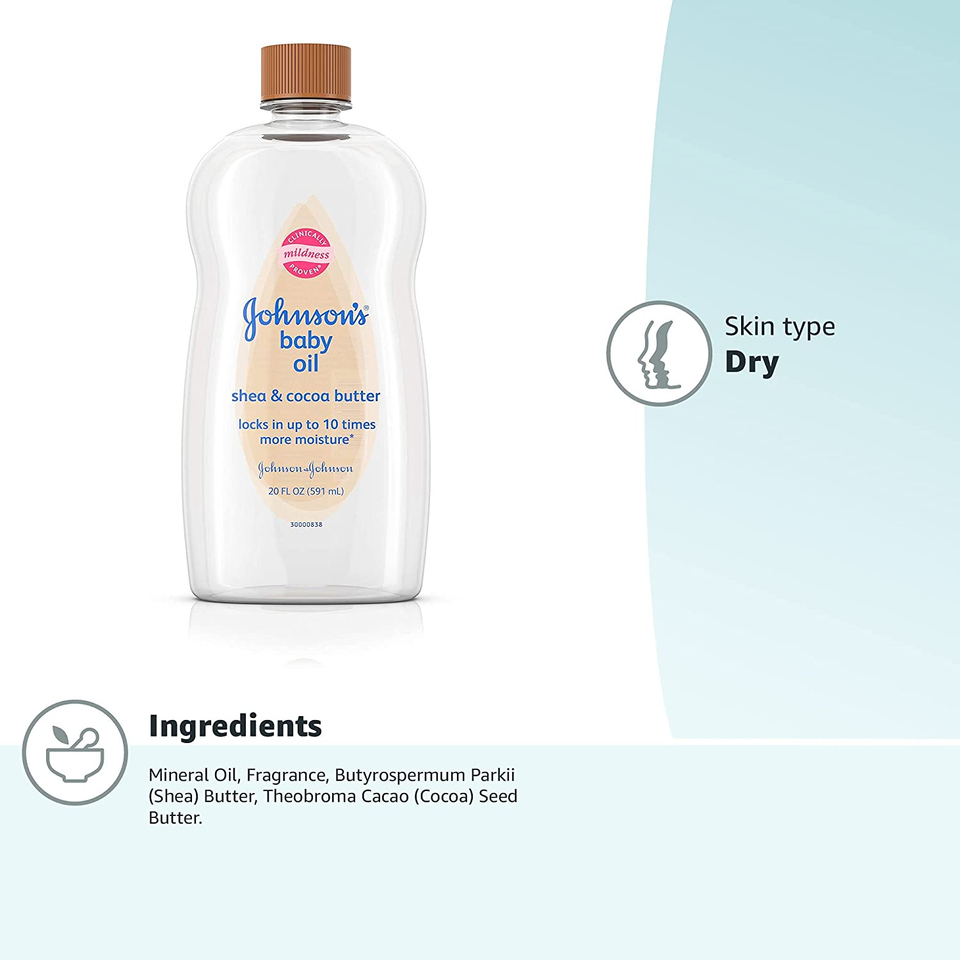 Johnson's Baby Oil with Shea & Cocoa Butter, 20 Fl. Oz, Hypoallergenic ...