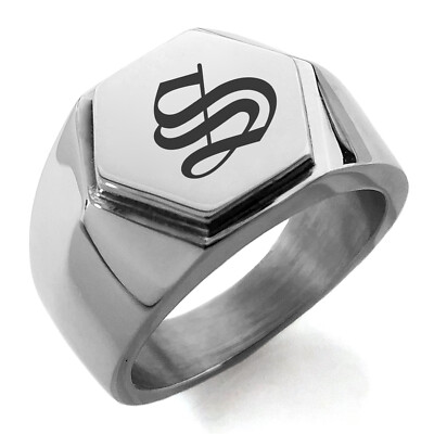 Stainless Steel Old English Monogram Letter S Mens Hexagon Crest Signet ...