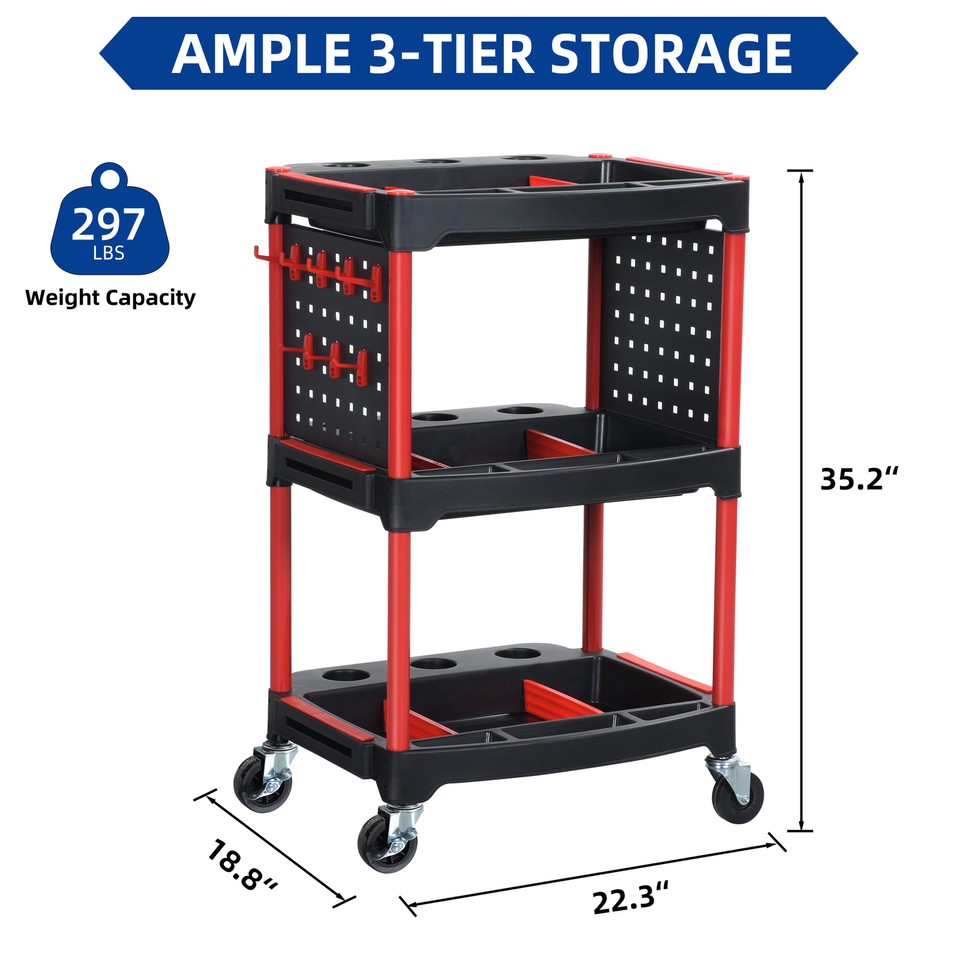 3 Tiers Auto Detailing Cart Car Wash Tool Organizer with Wheels Rolling ...