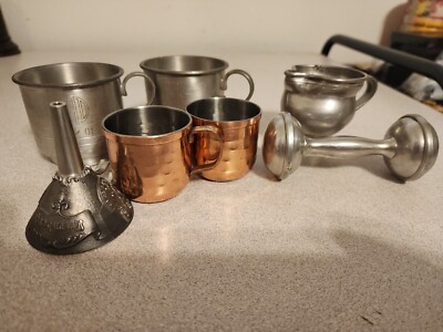 Pewter & Copper Mixed Collectibles Lot Cups, Creamer, Baby Rattle ...