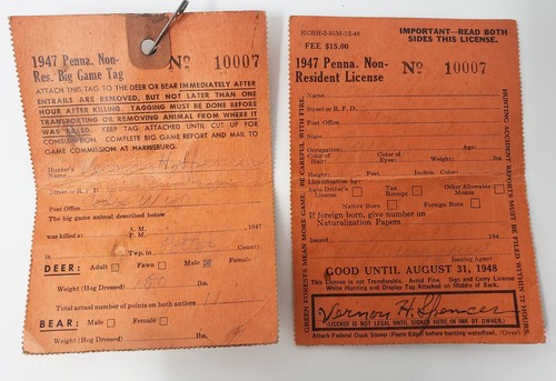1947 Pennsylvania Non-Resident Hunting License & Big Game Tag for 11 ...
