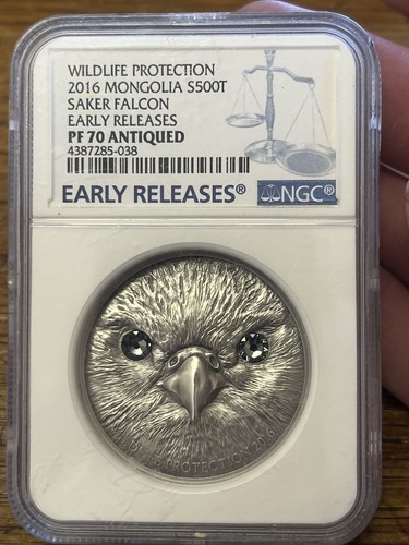 2016 Mongolia SAKER FALCON Crystal Eyes Certified NGC 70 ANTIQUED @ NO ...