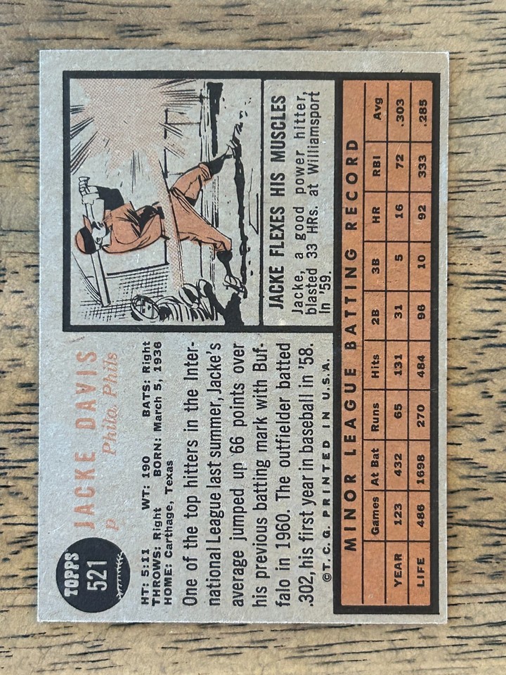 Jacke Davis 1962 Topps Baseball Rookie Card RC #521 Phillies EX-MT ...