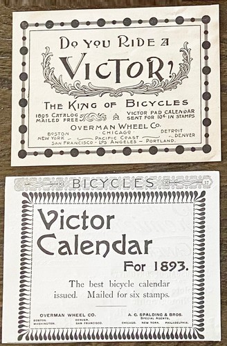 Antique VICTOR Overman Wheel Co. 1895 King of Bicycles & 1893 Calendar ...