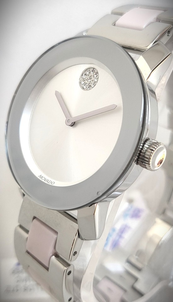 MOVADO BOLD $895 WOMEN'S SILVER/CRYSTALS/PINK CERAMIC SWISS WATCH ...
