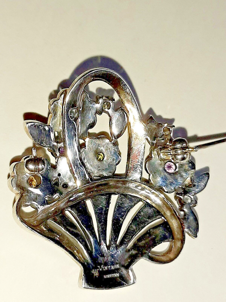 925 Sterling Silver Real Multi-Color Gemstone Floral Basket Pin Brooch ...