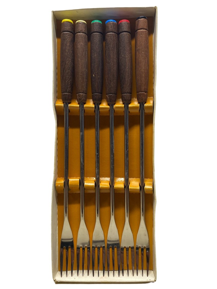 MCM New Era Oneida Stainless Fondue Fork Set Color Wooden Handles Fun ...