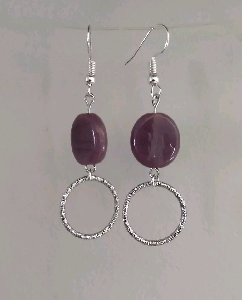 Purple Glass Round Disc Bead Dangle Hoop Earrings Silver Tone Hook ...