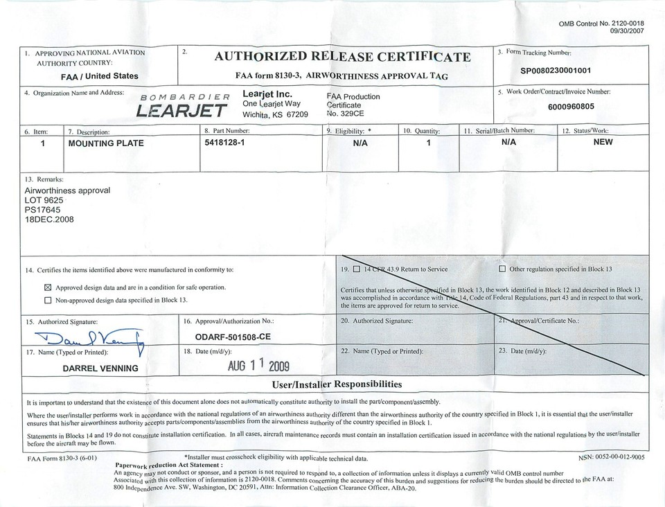 NEW LEARJET 60 AOA LH MOUNTING PLATE P/N 5418128-1 | eBay