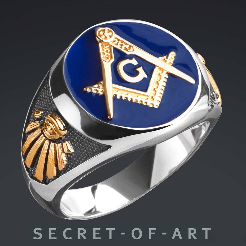 Masonic Ring Blue Lodge 925 Silver Freemason Masonry Gold-Plated All ...