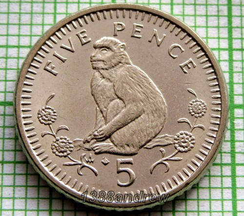 GIBRALTAR Queen Elizabeth II 1991 AB 5 PENCE, BARBARY MACAQUE MONKEY ...