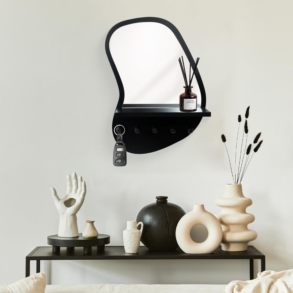 Wall Mount Wood Frame Irregular Mirror with 5 Wooden Hooks and Shelf ...