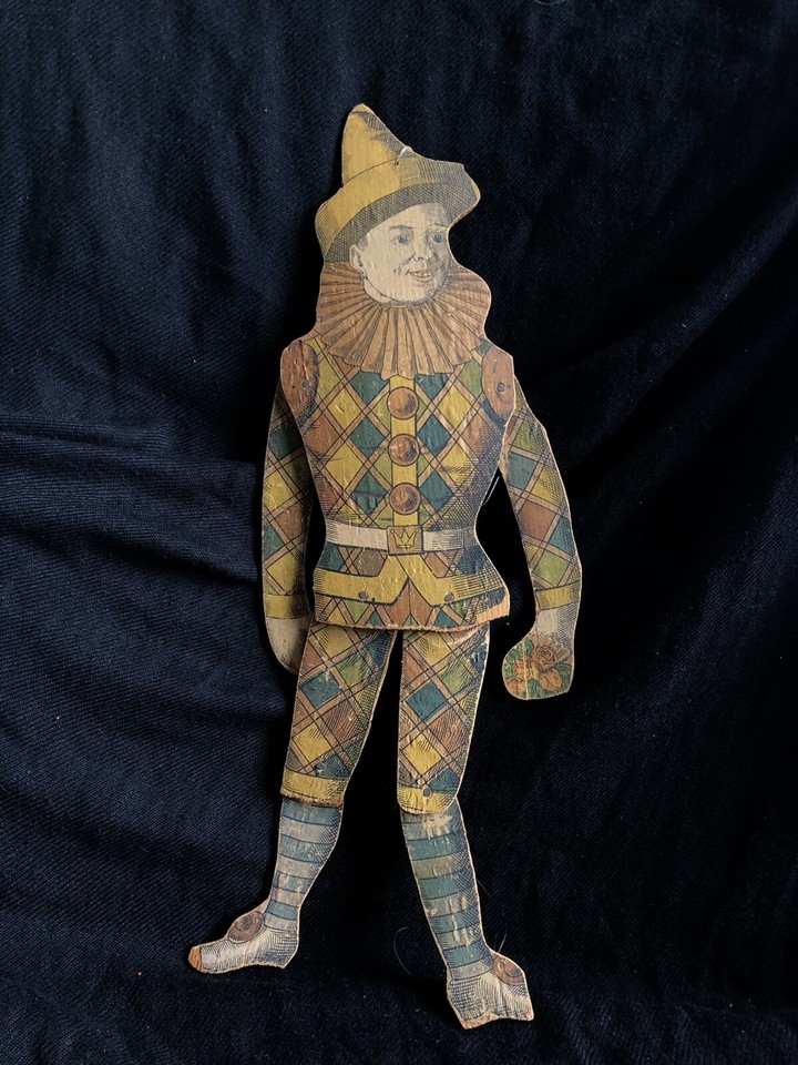 ANTIQUE GERMAN PULL STRING CLOWN JESTER JUMPING JACK LITHO PAPER ON ...