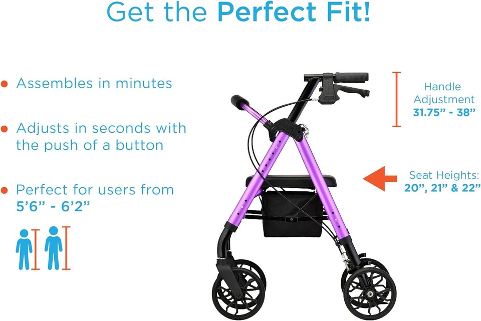 NOVA STAR 8 Rollator Walker w/Perfect Fit System Lightweight Folding ...