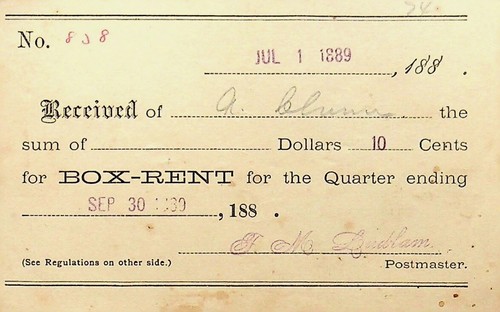 JULY 1 1889 POST OFFICE BOX RENT 10 CENT RECEIPT FOR QUARTER OF YEAR ...