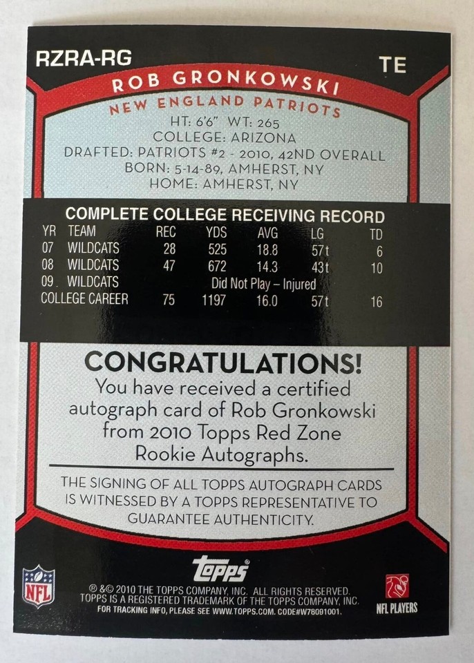 2010 Topps Red Zone Rob Gronkowski Rookie On Card Auto 74/100 Patriots ...