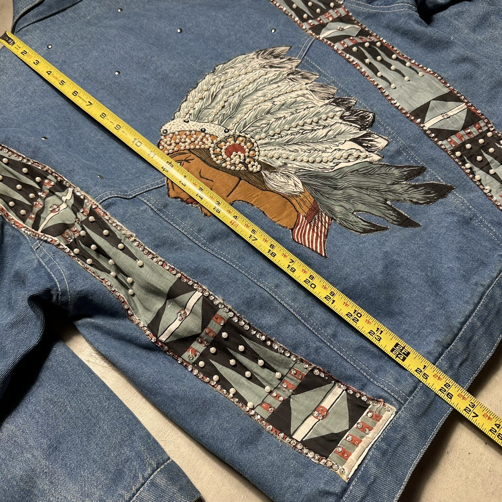80s JouJou Indian Denim Jacket Southwest Leather Embe… - Gem