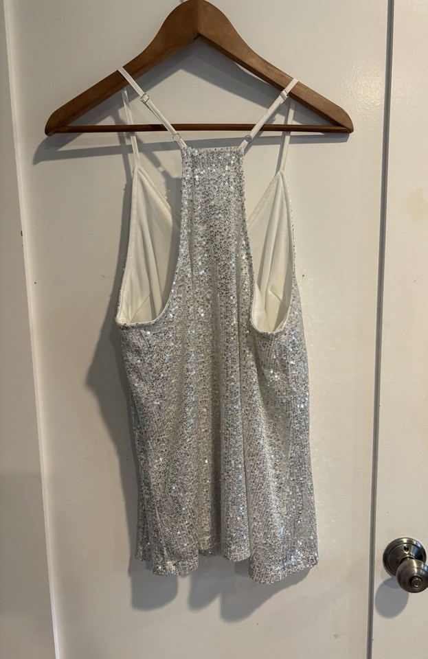 MIDUO Silver Sequin Halter Top XL Lined Adjustable Straps Sexy Holiday ...