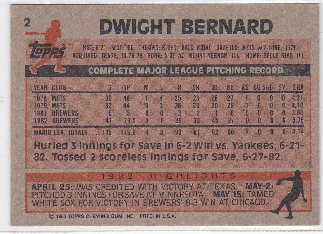 1983 Topps Gardner's Bakery #2 Dwight Bernard Brewers Free Shipping! | eBay