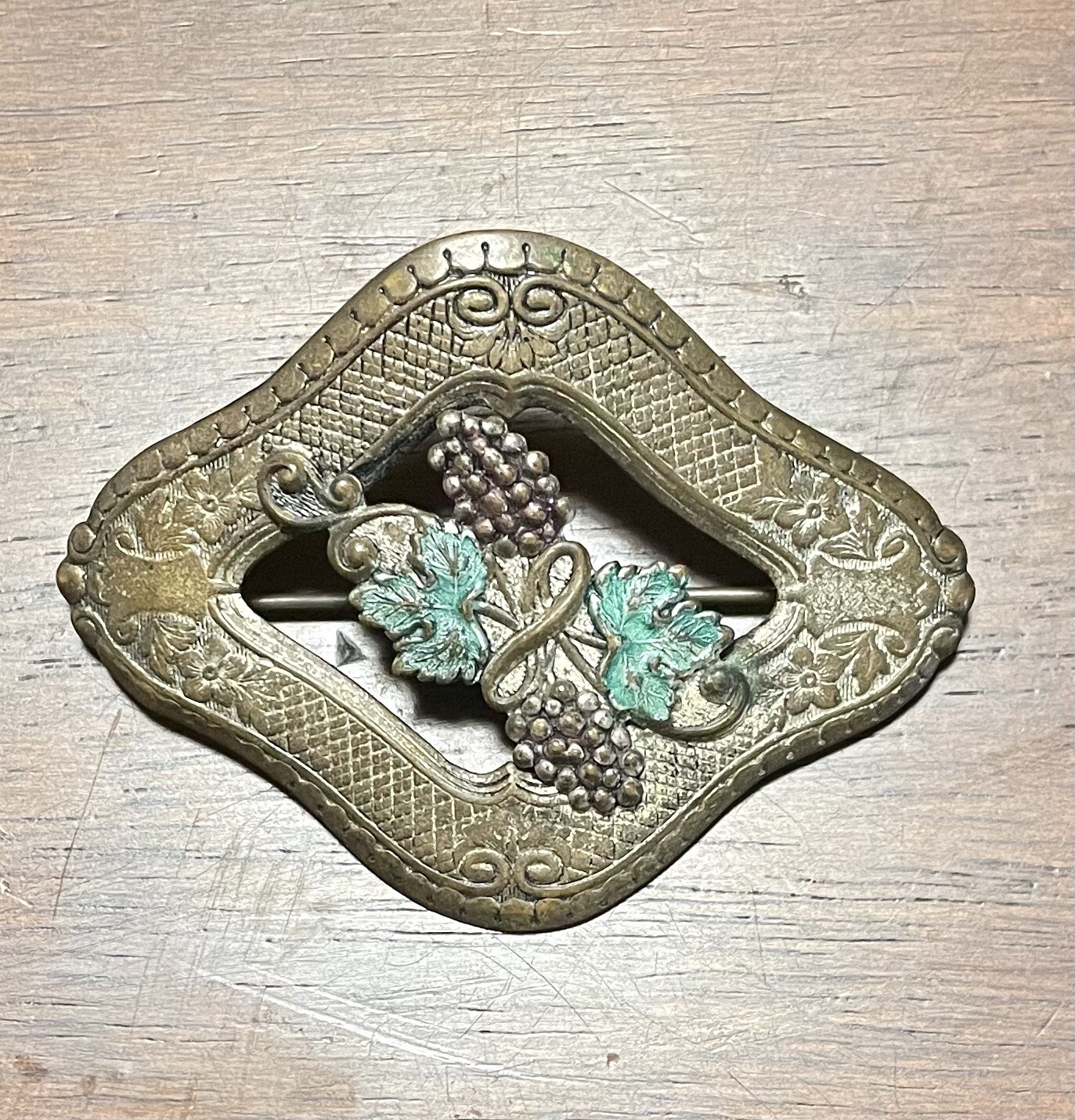 Sash Pin Brass Repousse Purple Grapes Green Leaves A… - Gem