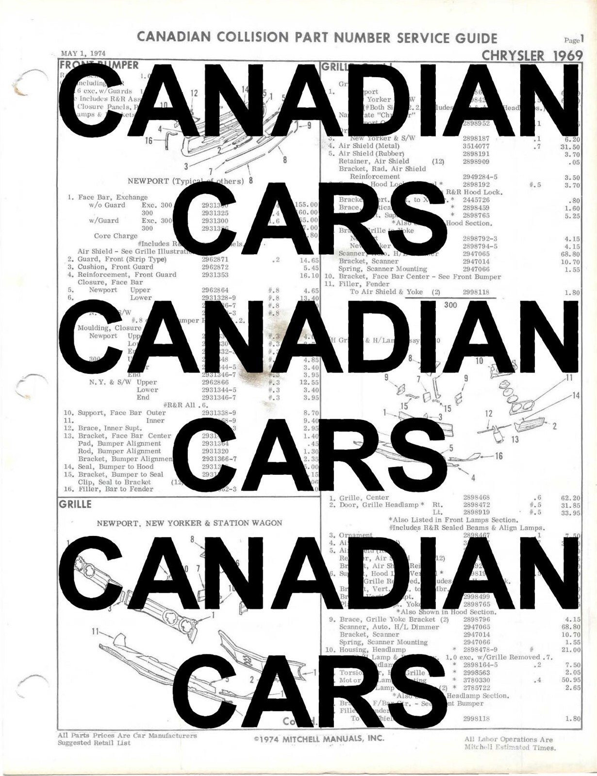 CANADA Collision part numbers 1969 Chrysler parts book Newport New ...