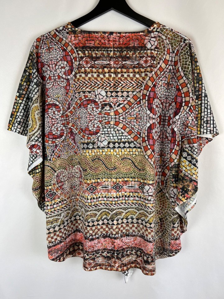 Chico's Red Beige Mosaic Ruffle S/S Bottom Tie Embellished Top Size 1 ...