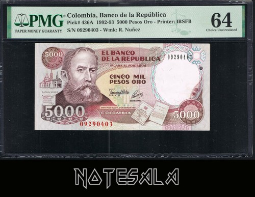 COLOMBIA 5000 5,000 Pesos Oro 1992 Pick-436A PMG 64 AUNC Serial number ...