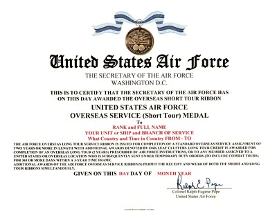 United States Air Force Overseas Service Short Tour Medal Ribbon ...