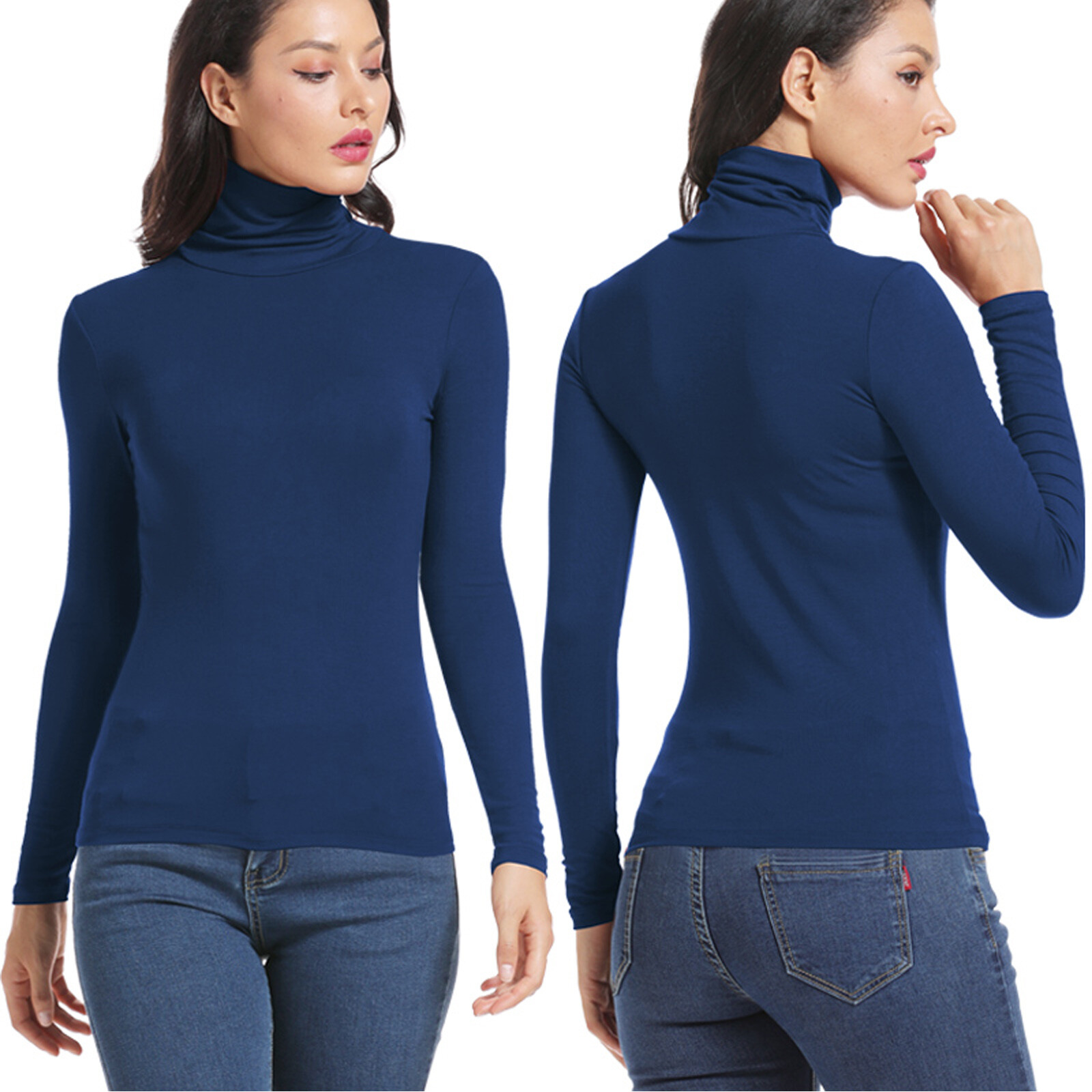 Womens Ribbed Turtle Neck Long Sleeve Stretch Basic Top Shirt Solid ...