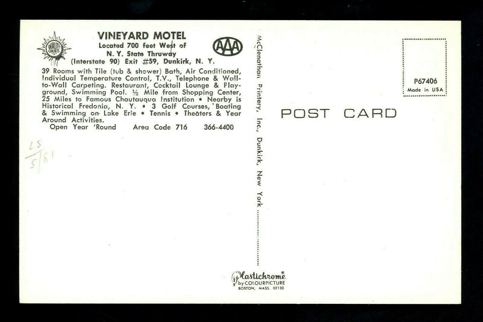 New York NY postcard Dunkirk, Vineyard Motel hotel chrome | eBay