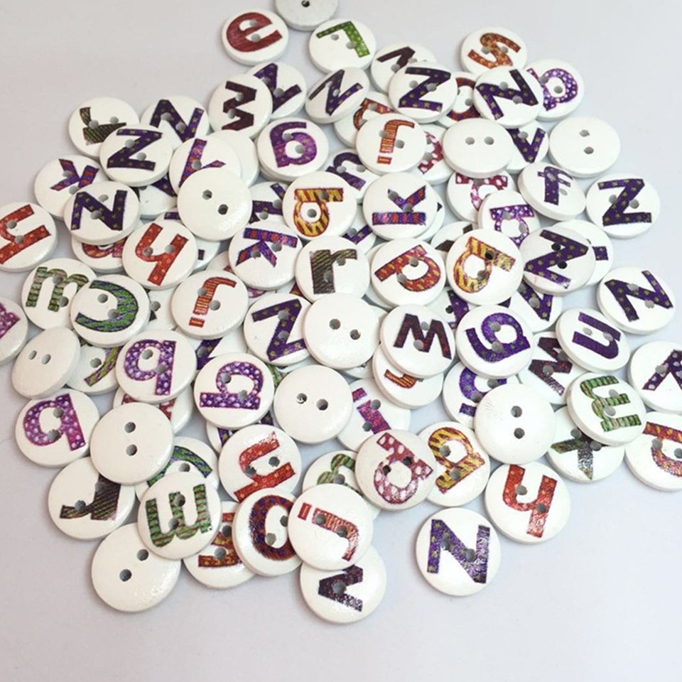 100Pcs Printed Wooden Buttons English Letters Buckles Two-hole Round ...