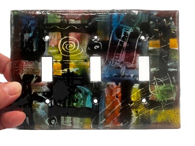 Art Enameled Metal Triple 3 Switch Plate Cover Abstract Signed McCann ...
