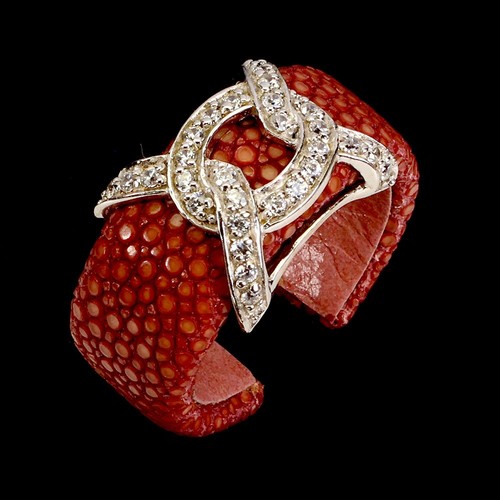 925 Sterling Silver AdJustable Ring Round Simulated Cz Stingray Leather ...