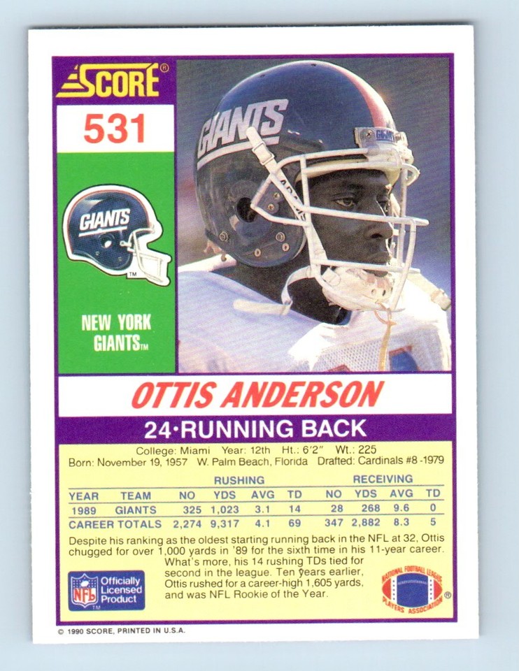 1990 Score Ottis Anderson New York Giants #531 | eBay