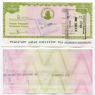 Zimbabwe Dollar Travellers Cheque $20 000 Check 2003 P18 Rare Type 2 ...