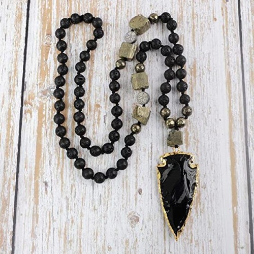 Natural Lava Rock Obsidian Stone Arrow Pendant Necklace for Protection ...