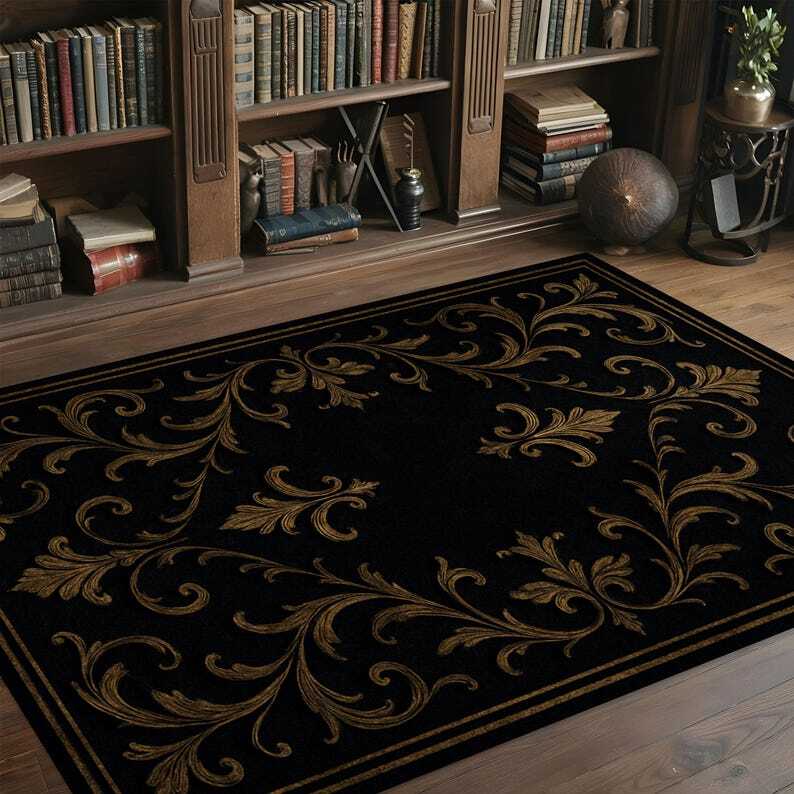 Baroque rug, gothic decor rug, black gold floor mat, elegant room ...