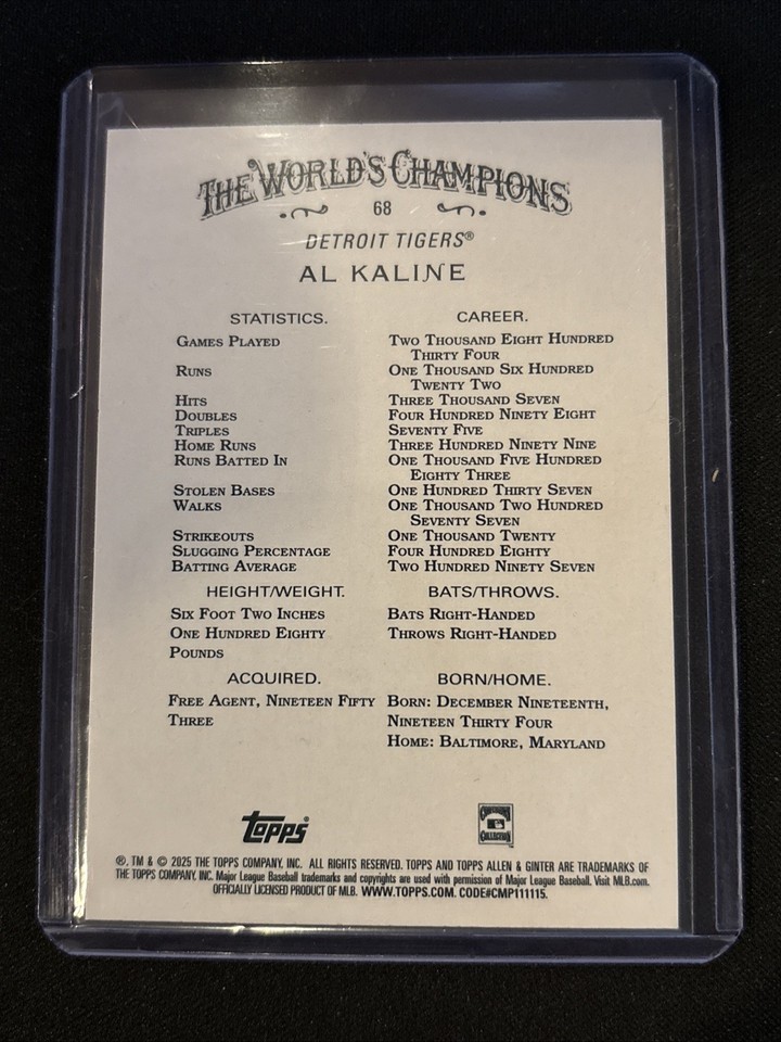 🔥Al Kaline 2025 Topps Allen & Ginter Silver Portrait #68 Detroit Tigers ...