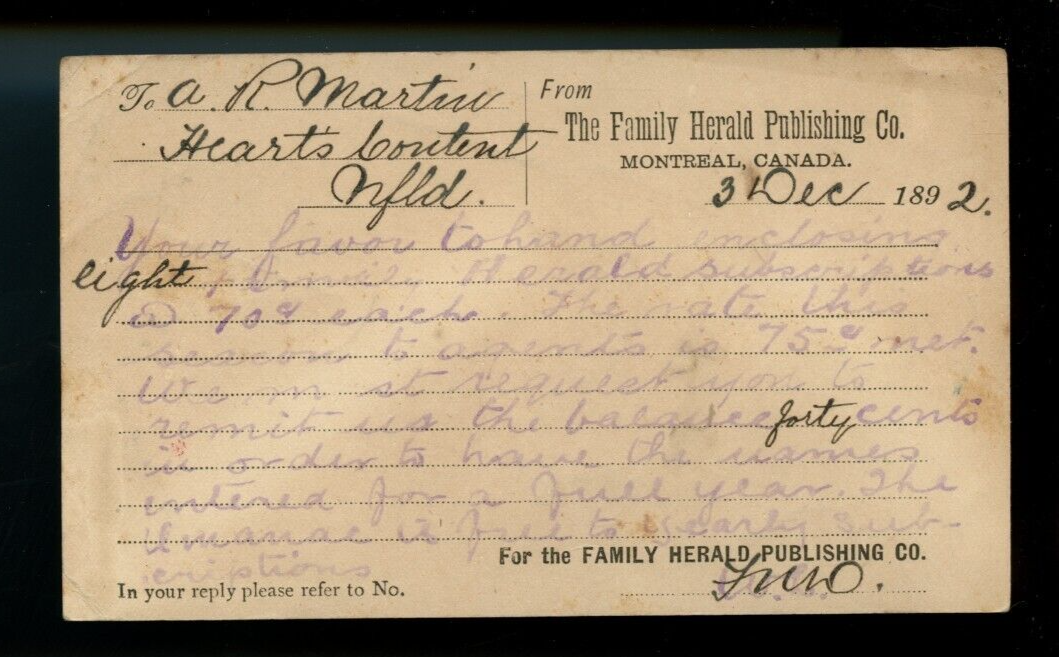🍁T5 postage due to NFLD, Montreal 1892 duplex stationery post card ...