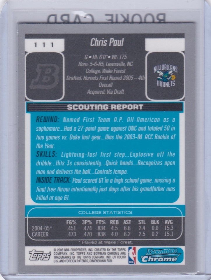 CHRIS PAUL ROOKIE CARD 2005 Bowman Chrome $$ RC Basketball Hornets CP3 ...