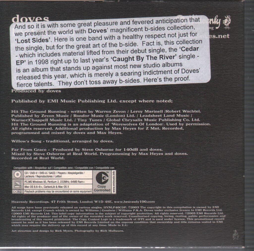 Doves (Manchester Group) Lost Sides CD Europe Heavenly 2003 promo with ...