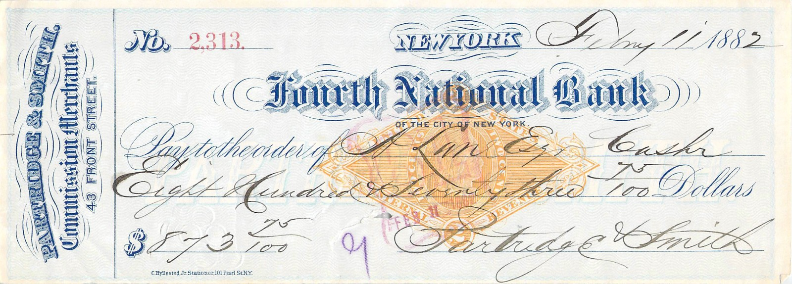 1882 NEW YORK CITY 43 FRONT STREET CHECK DRAFT RECEIPT REVENUE STAMP | eBay