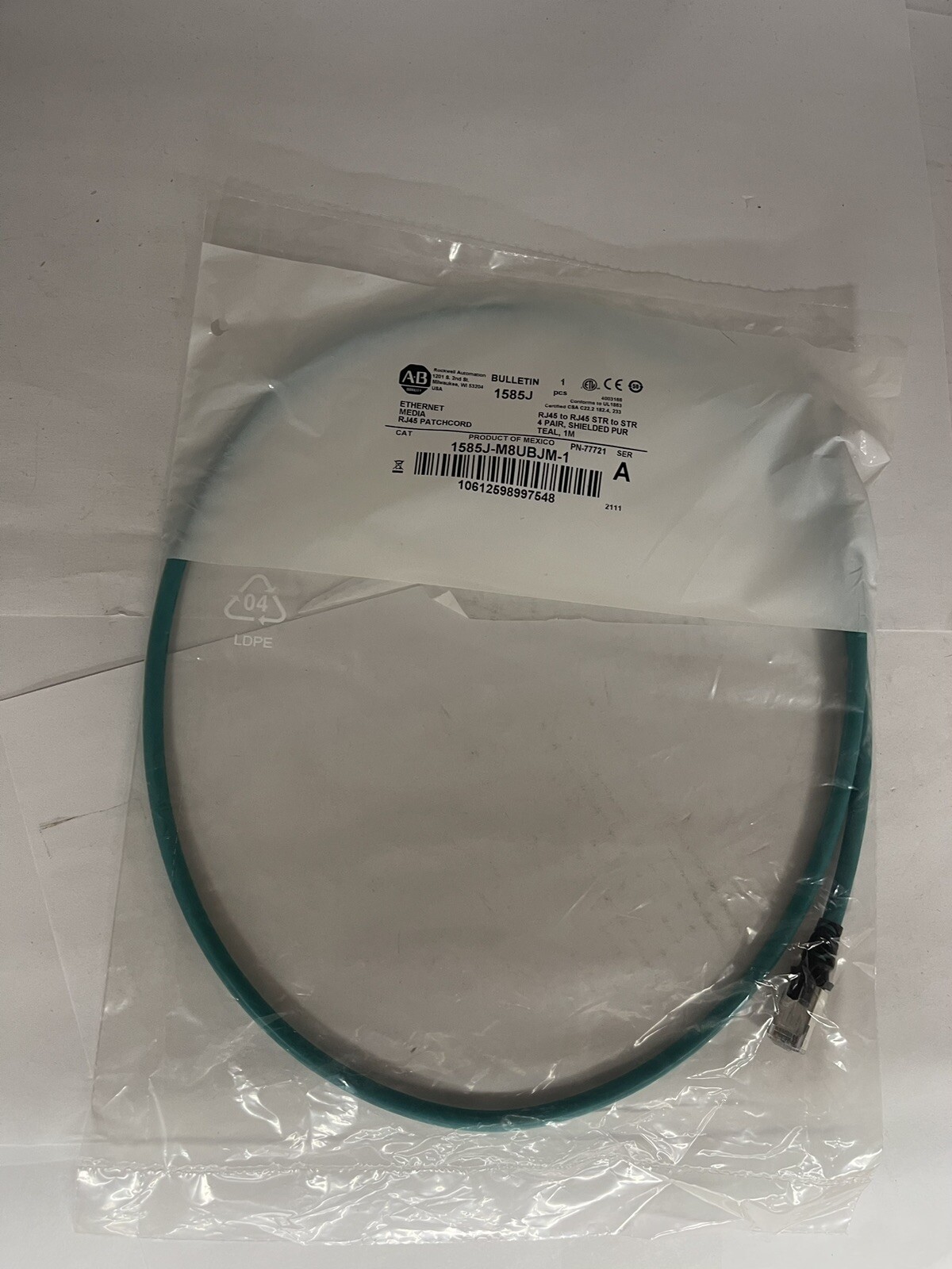 ALLEN BRADLEY 1585J-M8UBJM-1 ETHERNET CABLE CAT5E, 100BASE-TX, 100Mbit ...
