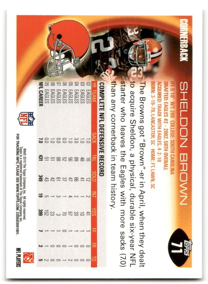 2010 Topps Football Card Sheldon Brown #71 Cleveland Browns | eBay