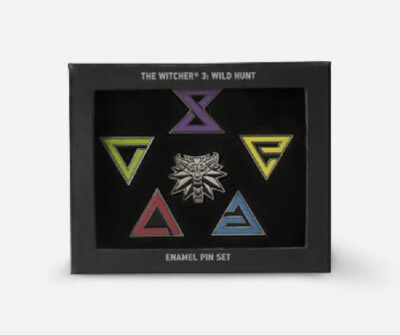 The Witcher 3 III Wild Hunt IGNI AARD AXII QUEN YRDEN Sign Pins + Wolf ...