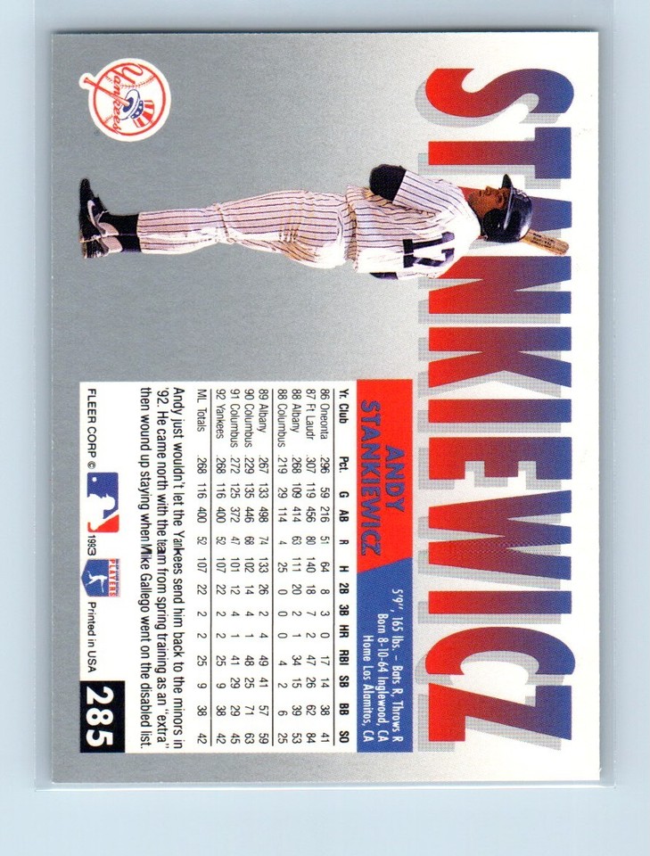 1993 Fleer Andy Stankiewicz New York Yankees #285 | eBay