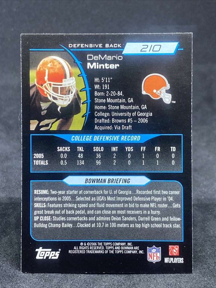 DeMARIO MINTER 2006 Bowman Rookie Card RC #210 BROWNS | eBay