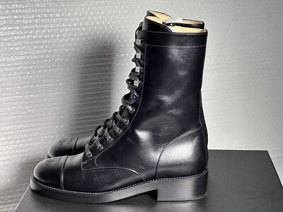 CHANEL WOMEN BLACK LEATHER LACE UP/SIDE ZIPPER COMBAT BOOTS CHANEL WOMEN BLACK LEATHER LACE UP/SIDE ZIPPER COMBAT BOOTS