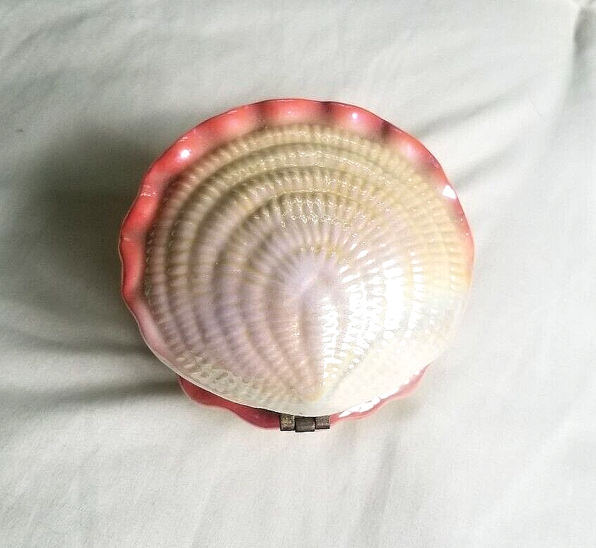 Glazed Ceramic Clam Sea Shell Trinket Jewelry Box Hinged Lid w Clasp ...