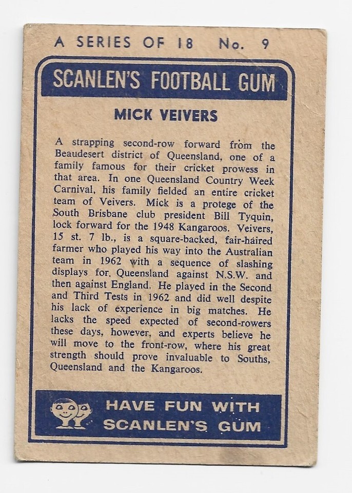 1963 Scanlen's Rugby League Mick Veivers Manly Warringah Sea Eagles ...